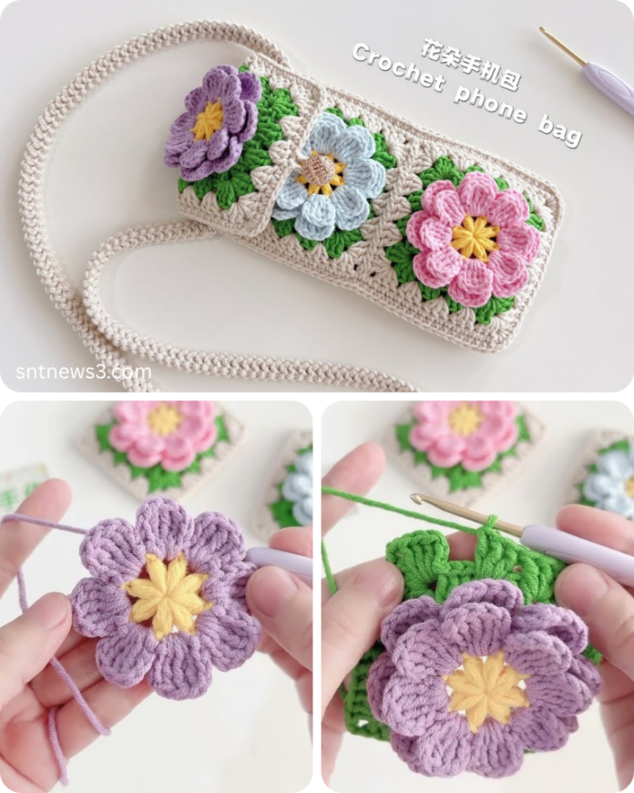 Crochet Mobile Phone Bag with Three-Dimensional Flower Stitching ...